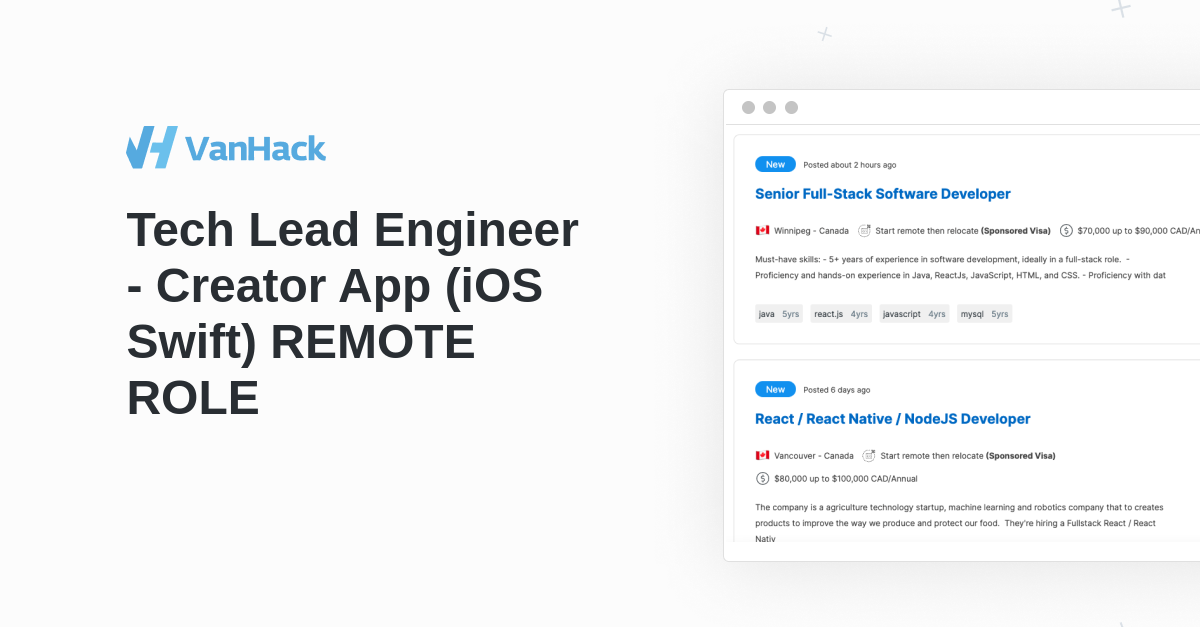 Tech Lead Engineer - Creator App (iOS Swift) REMOTE ROLE - VanHack
